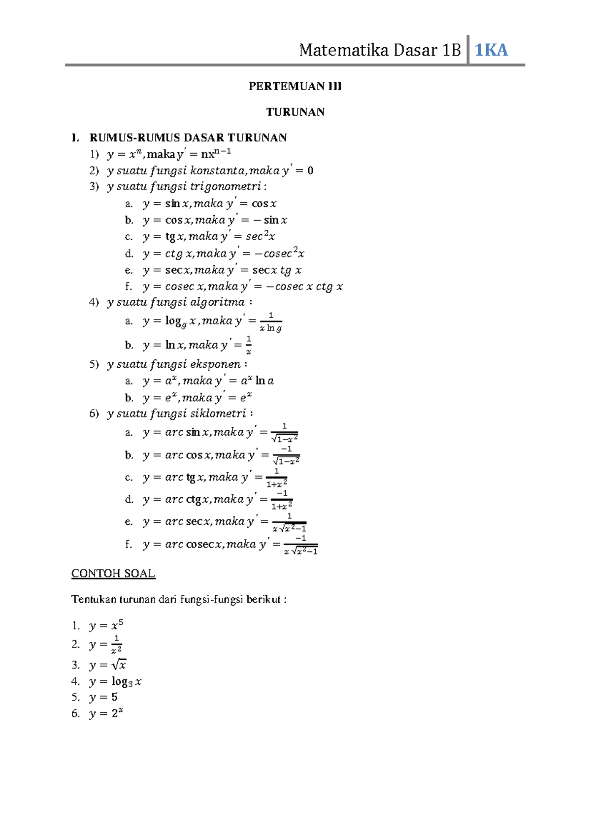 Latihan Turunan Matematika Dasar 1B 1KA: Rumus dan Contoh Soal - Studocu