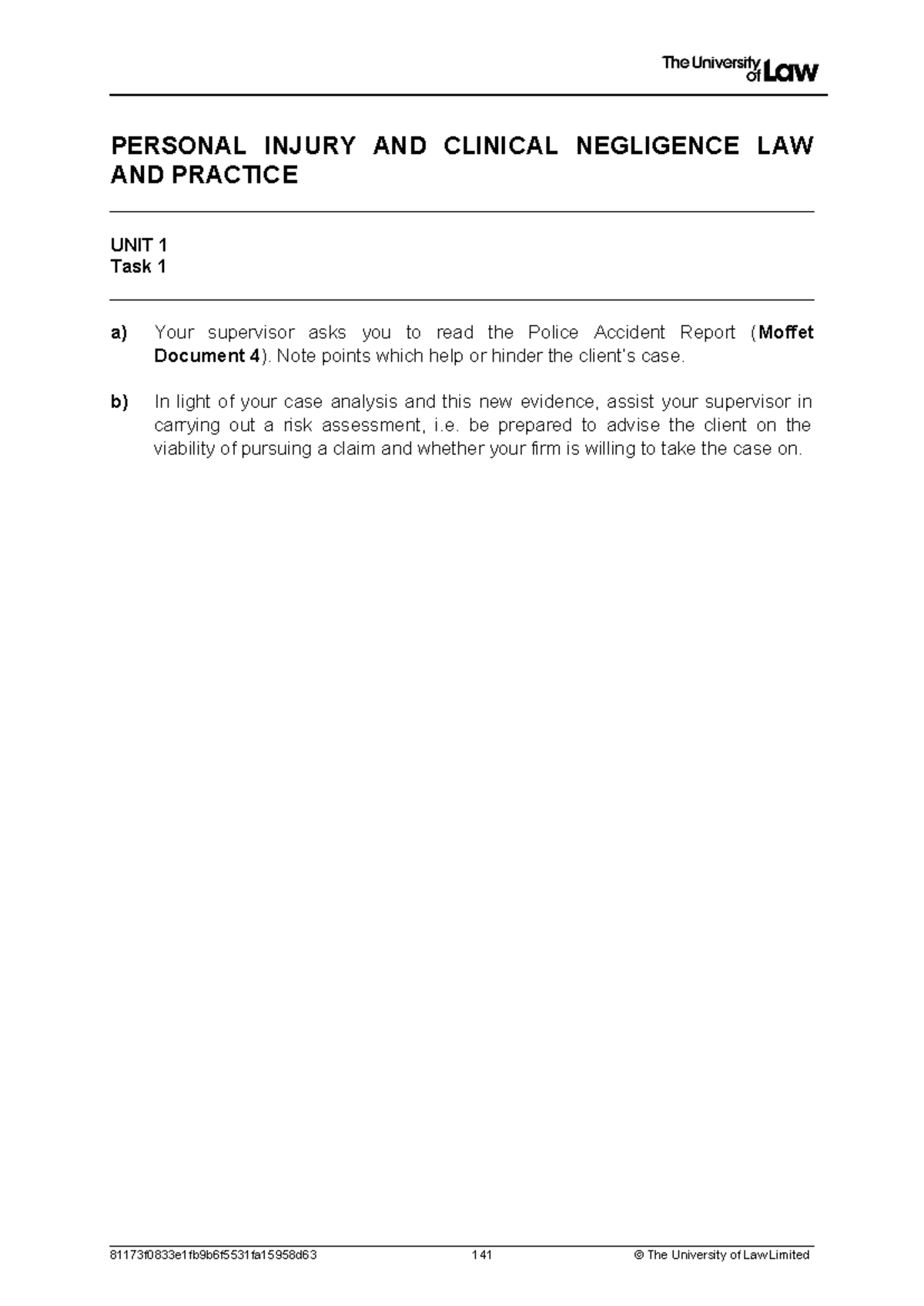 Personal Injury Unit 1 task 1 - PERSONAL INJURY AND CLINICAL NEGLIGENCE ...