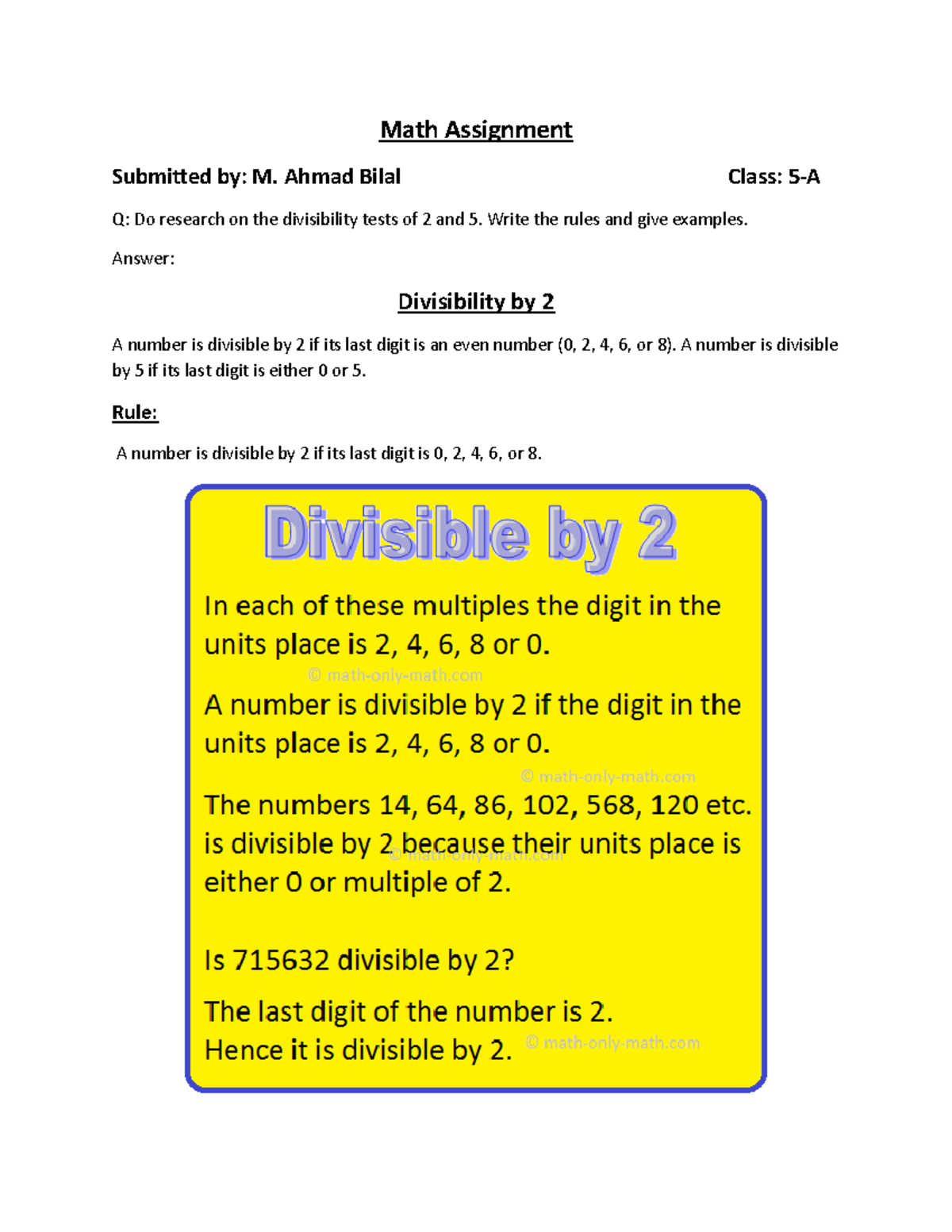 Math Assignment: Divisibility Tests for 2 and 5 by M. Ahmad Bilal - Studocu