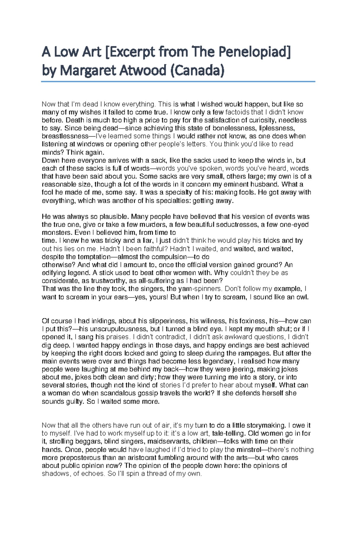 A Low Art: Analyzing Penelope's Perspective in The Penelopiad (ENG 102) - Studocu