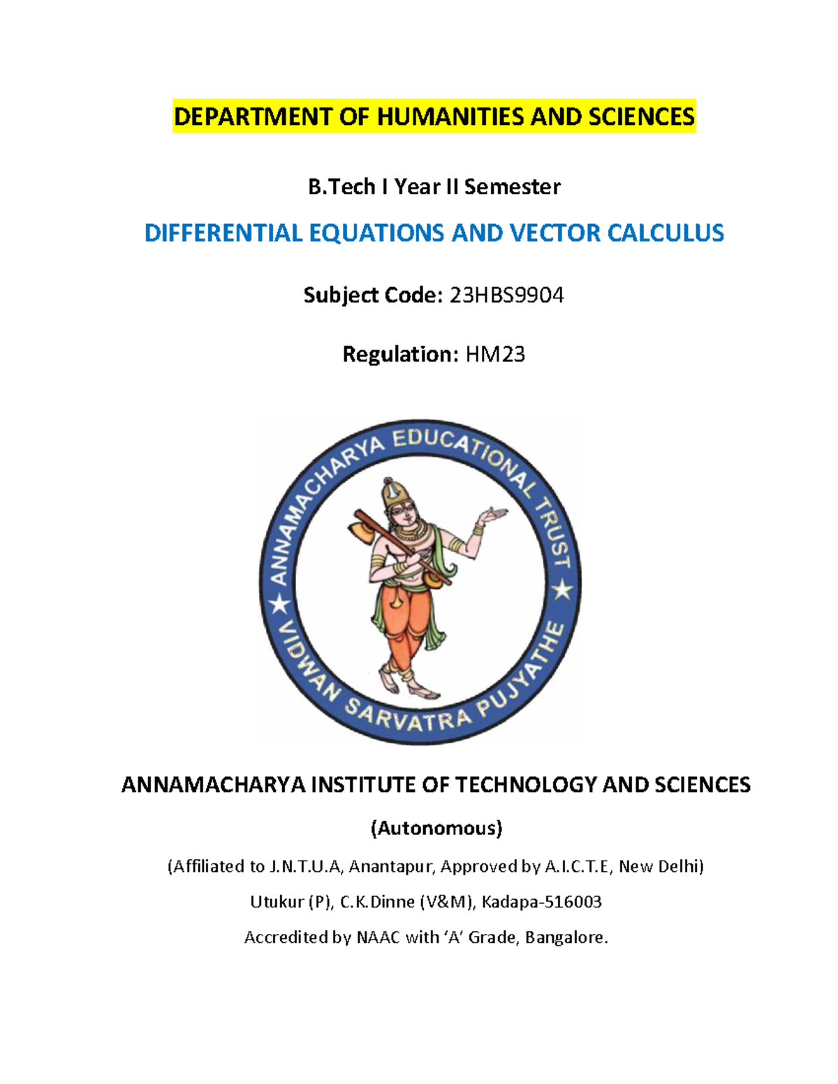 Differential Equations & Vector Calculus Notes - 23HBS9904 - Studocu