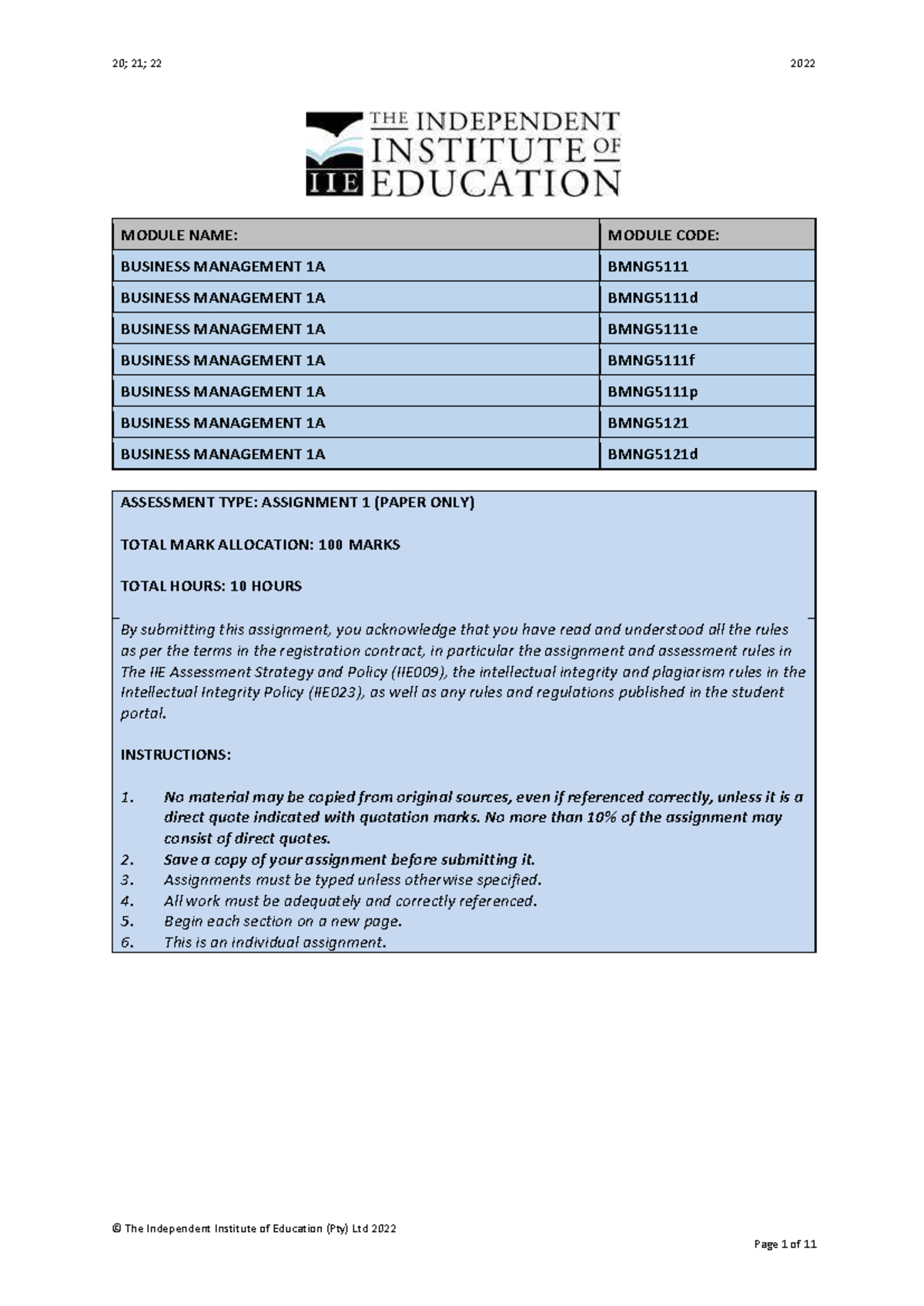 Business Management 1A (BMNG5121) Assignment 1: Referencing & CSR ...