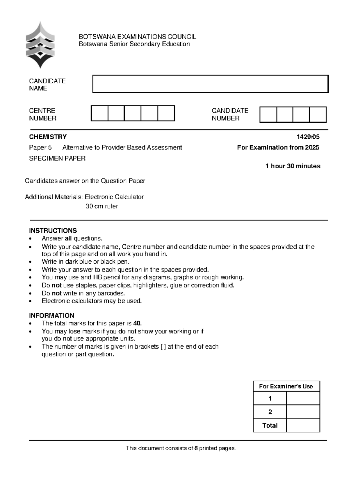 BSSE Chemistry Specimen Paper 5: Alternative Assessment 2025 - Studocu