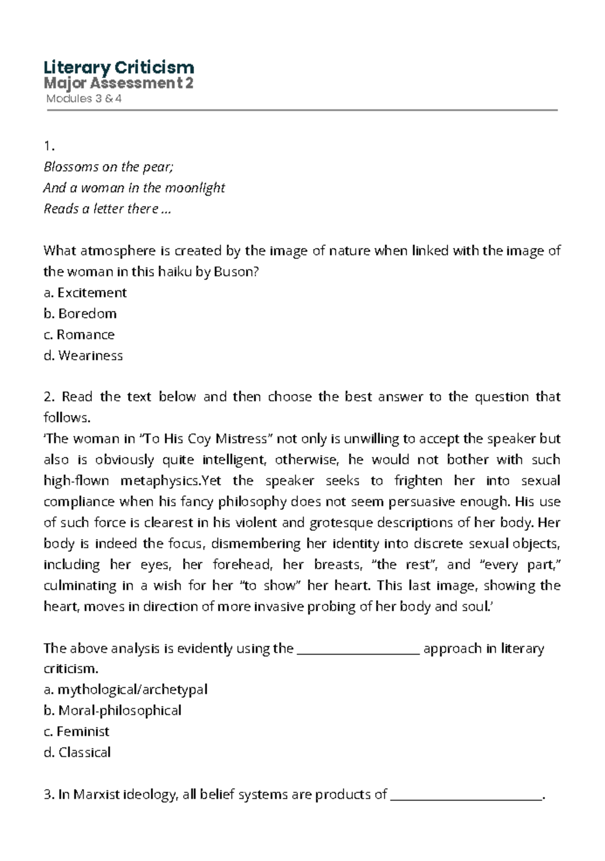 Literary Criticism Major Assessment 2 - Literary Criticism Major ...