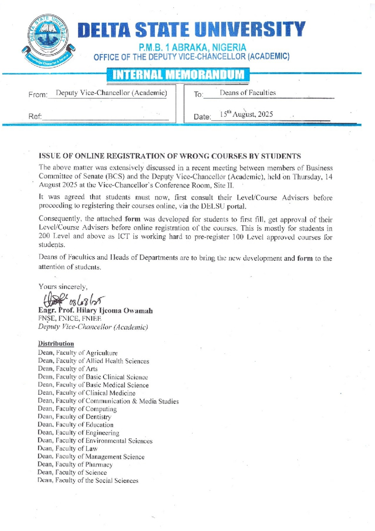 DELSU Memo: Online Registration of Wrong Courses for Students - Studocu
