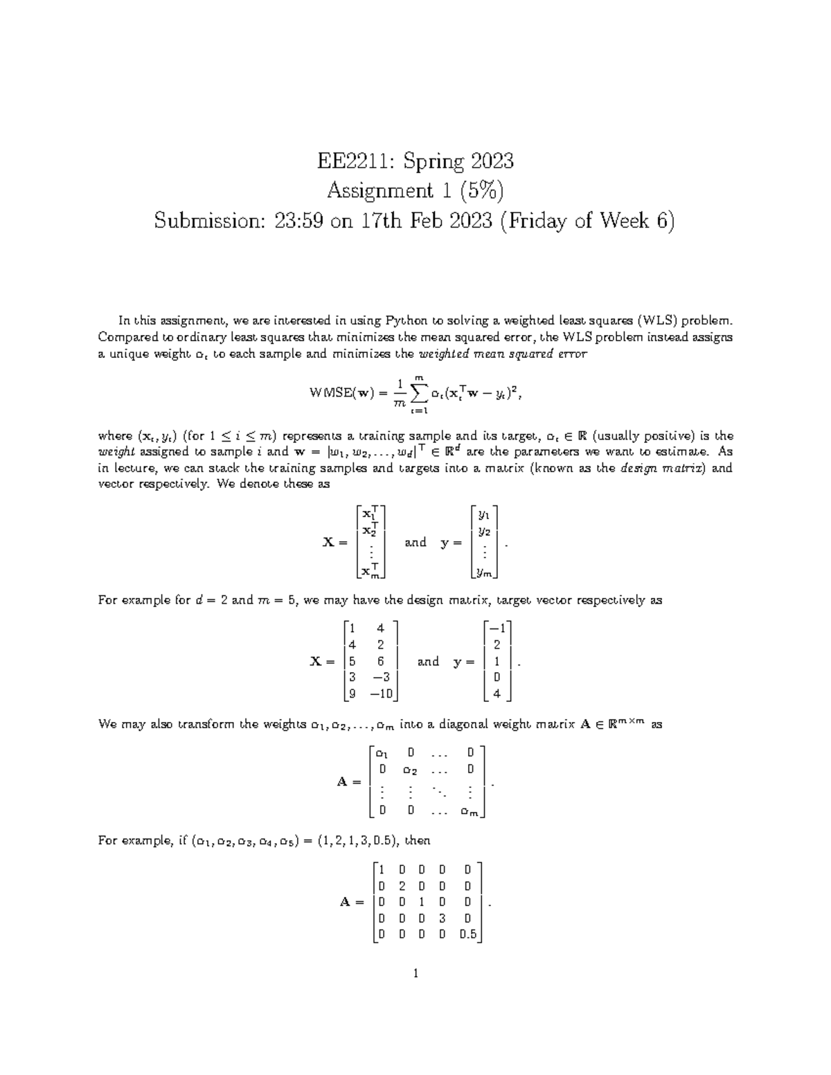 EE2211: Weighted Least Squares Python Assignment (5%) - Studocu