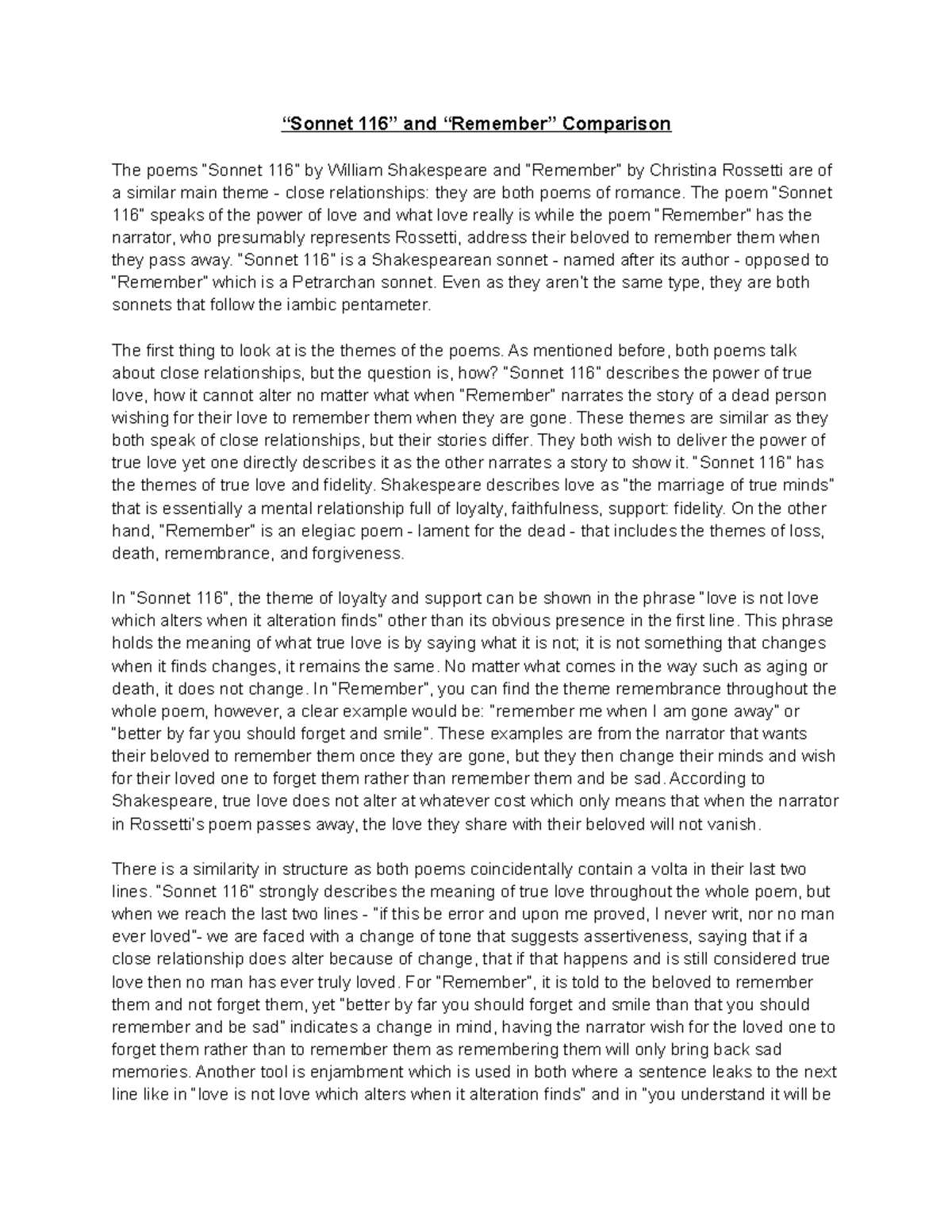 “Comparative Analysis of Sonnet 116 & Remember: Themes of Love” - Studocu