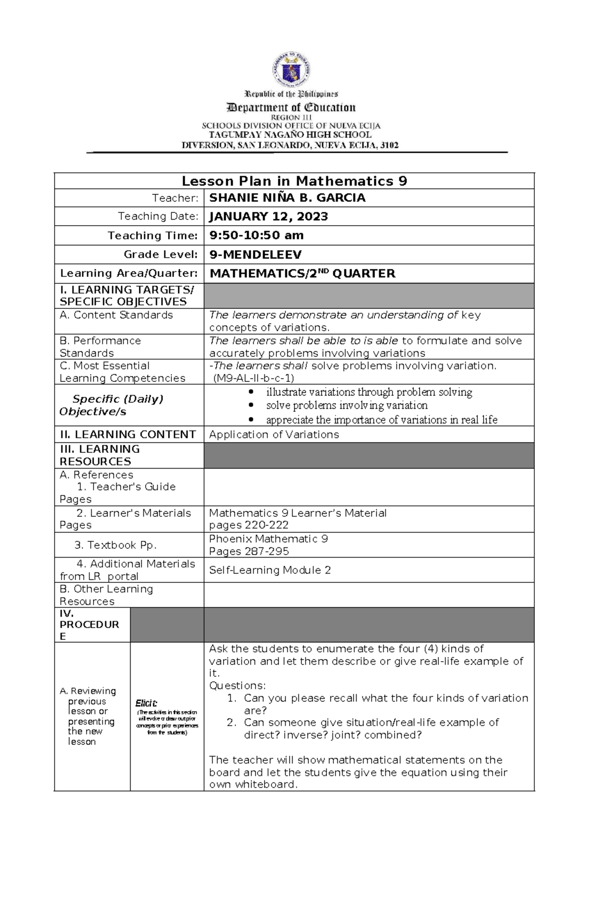 COT 1 - Lesson Plan on Variations for Mathematics 9 (SY 2022-2023 ...