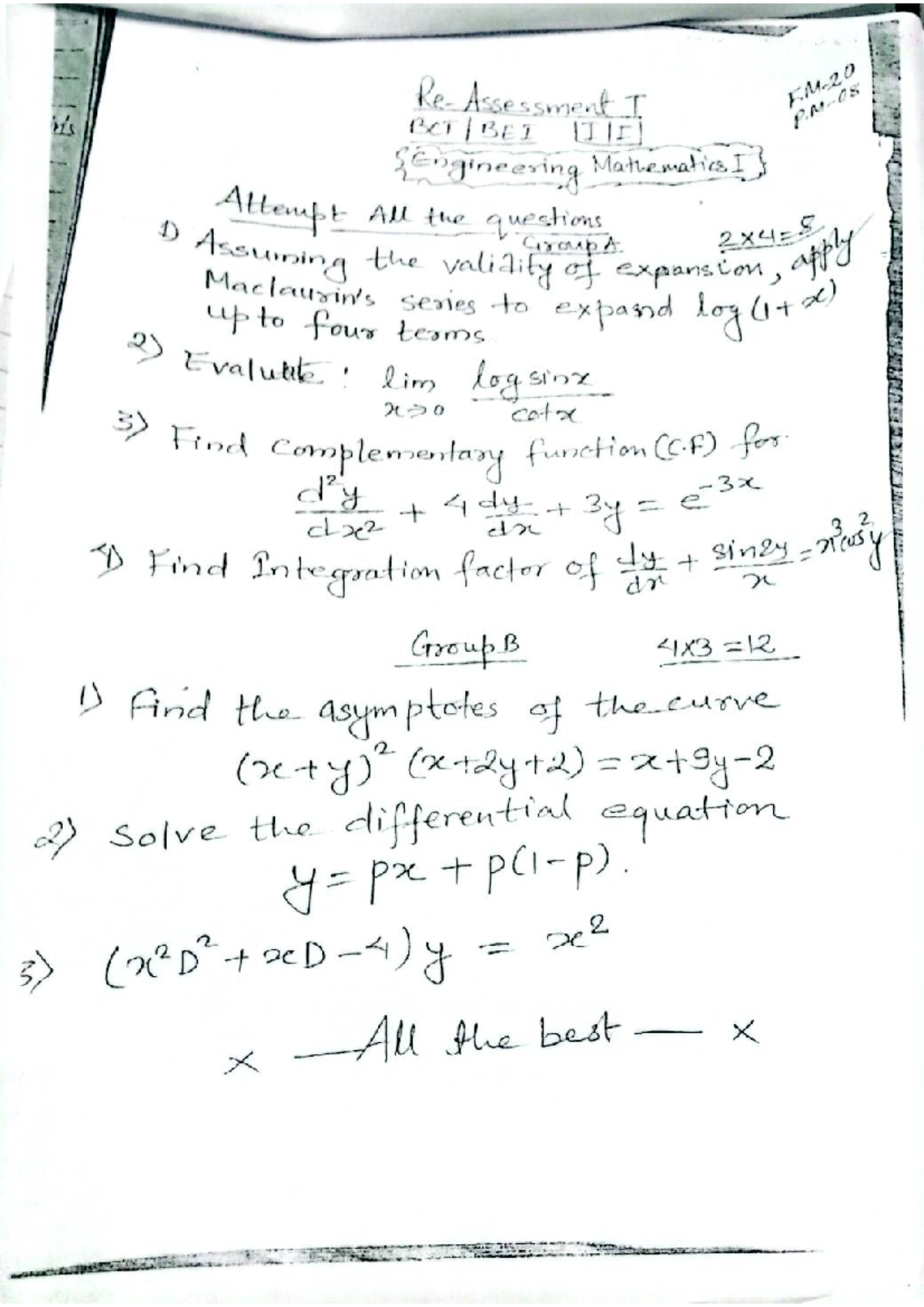 Assessment I: Engineering Mathematics I (SH101) - Attempt All Questions ...