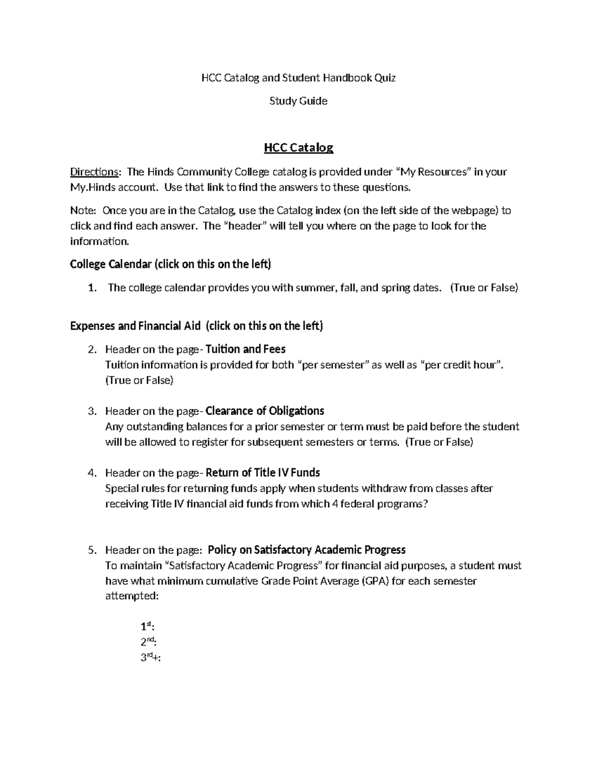 HCC Catalog and Student Handbook Quiz Study Guide (2023) - Studocu