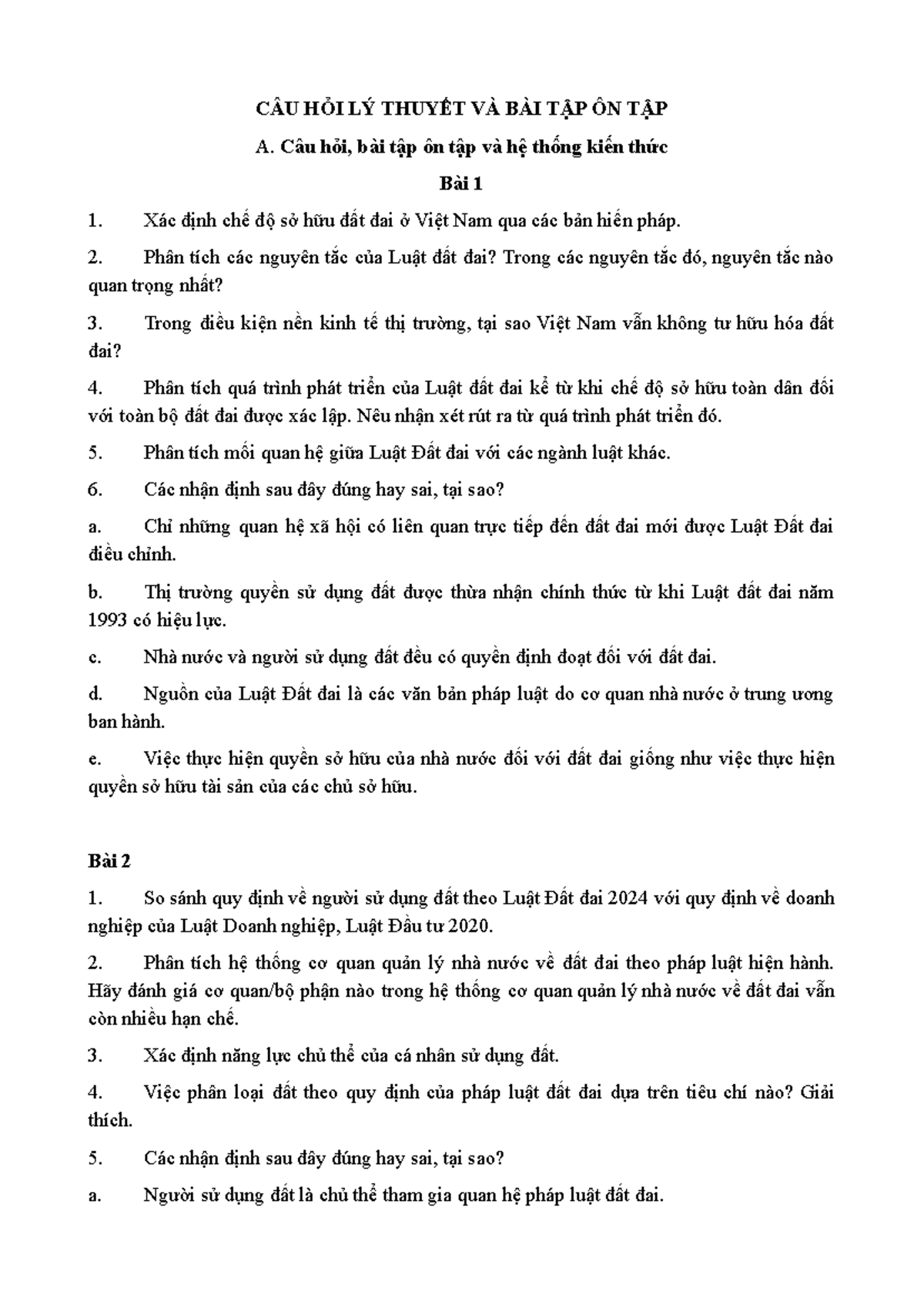 Câu hỏi và bài tập ôn tập - Luật đất đai (Môn Luật) - Studocu