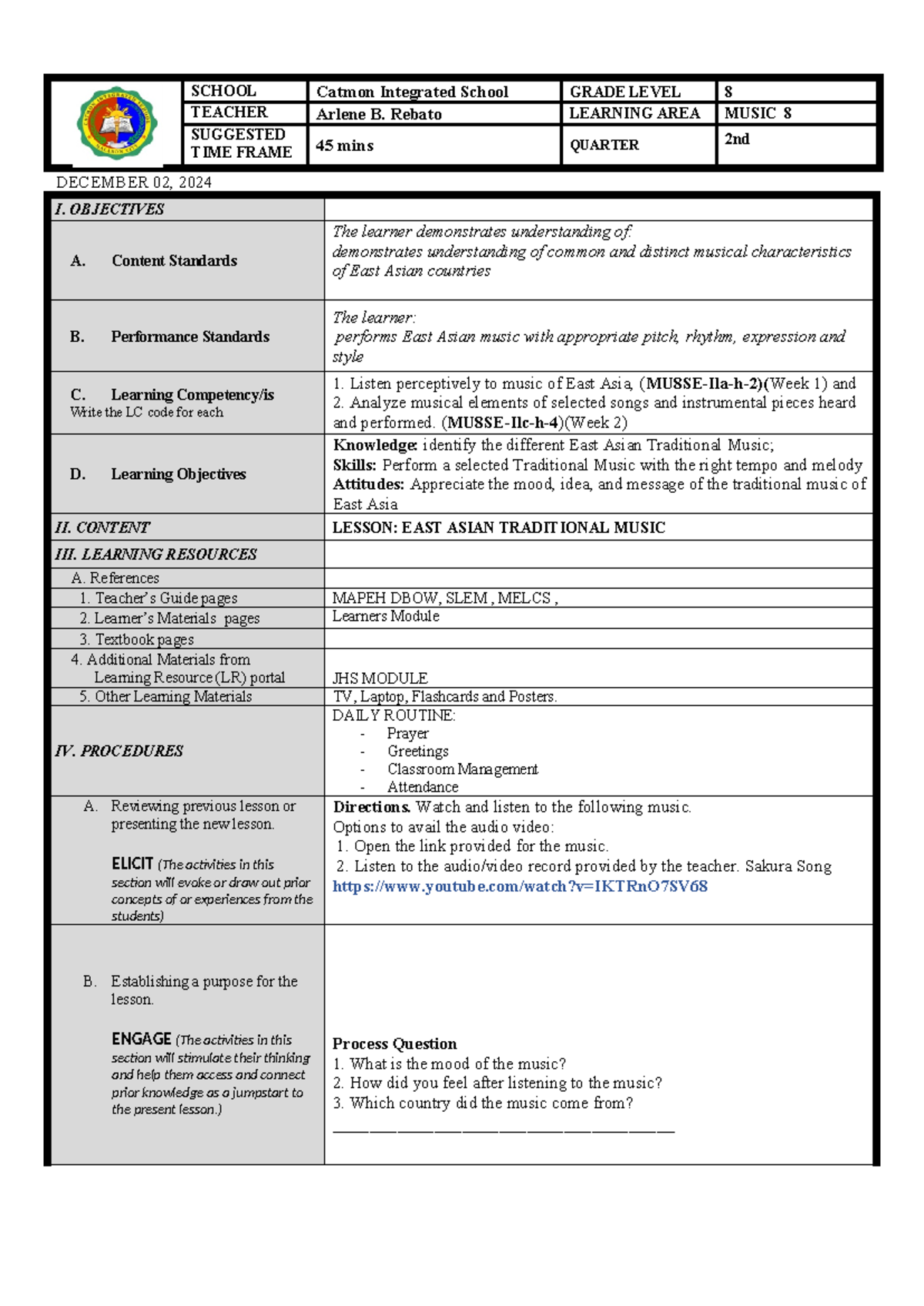 MUSIC 8 Q2 W1-2 - Detailed Lesson Plan on East Asian Traditional Music ...