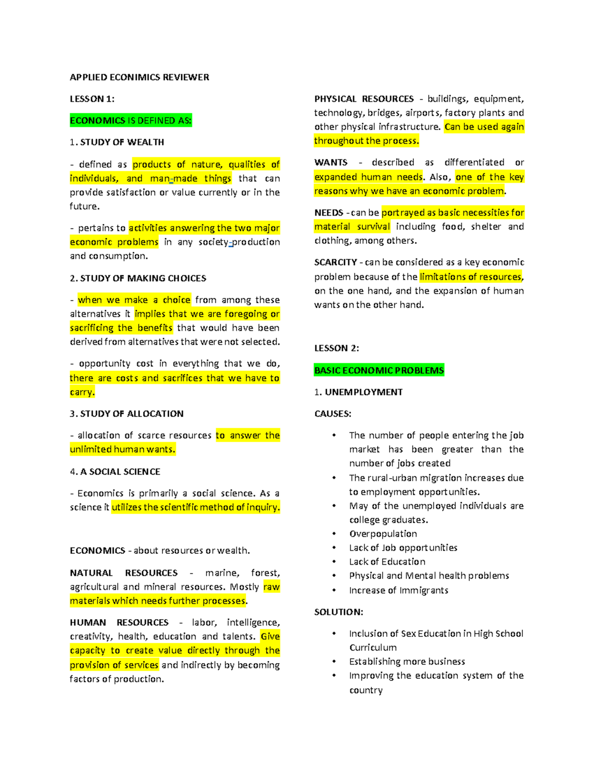 Applied Econimics Reviewer - APPLIED ECONIMICS REVIEWER LESSON 1 ...