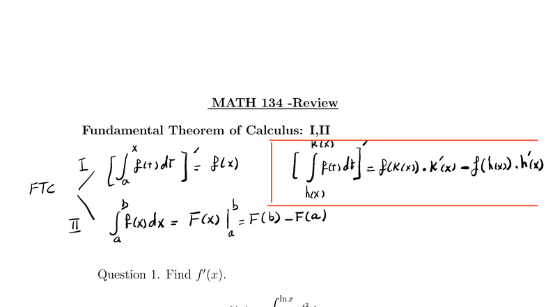 MATH 134 Review: Fundamental Theorem of Calculus & Integrals - Studocu