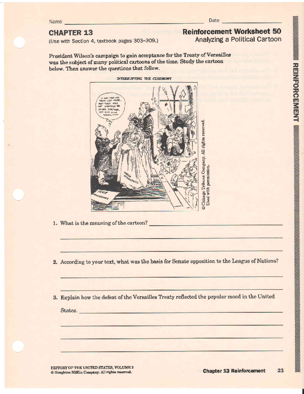 Reinforcement Worksheet 50: Analyzing Political Cartoons on Treaty of ...