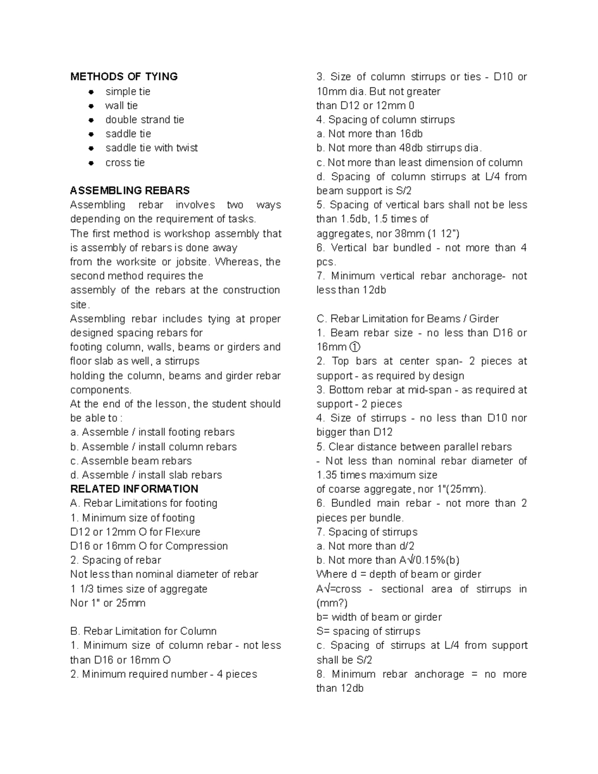 RSW - Methods of Assembling Rebars: Tying Techniques and Steps - Studocu