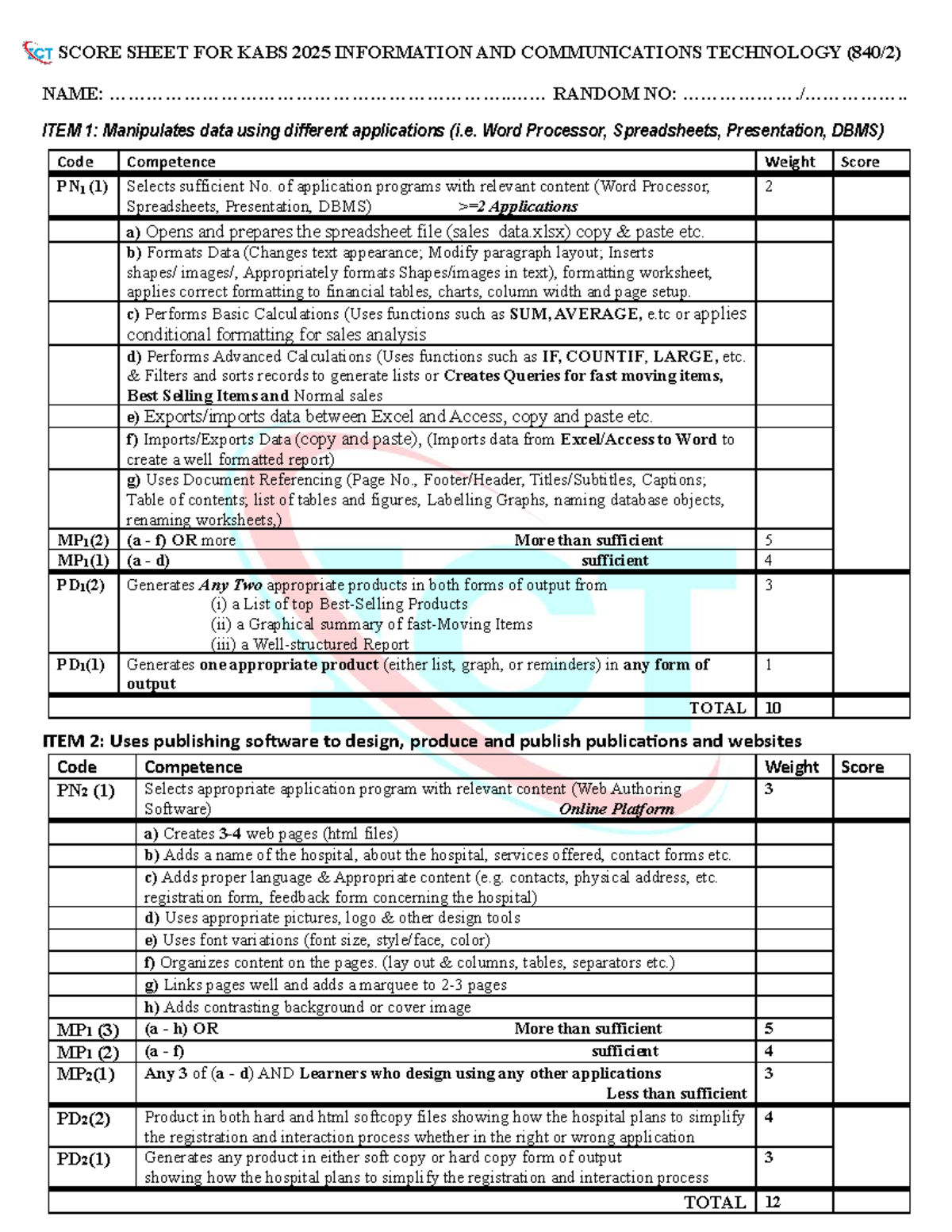 Score Sheet for KABS 2025 ICT Assessment - PN1 & PN2 - Studocu