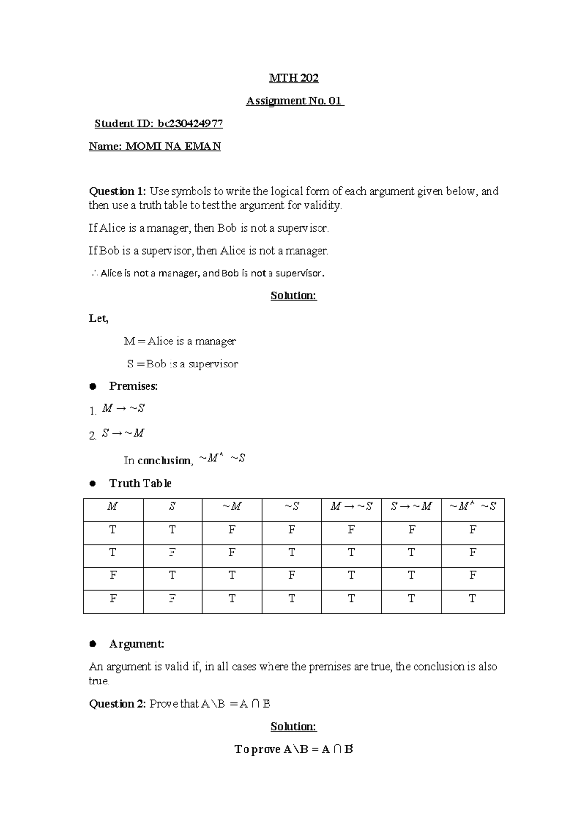 MTH 202 Assignment 1: Logical Arguments and Venn Diagrams - Studocu