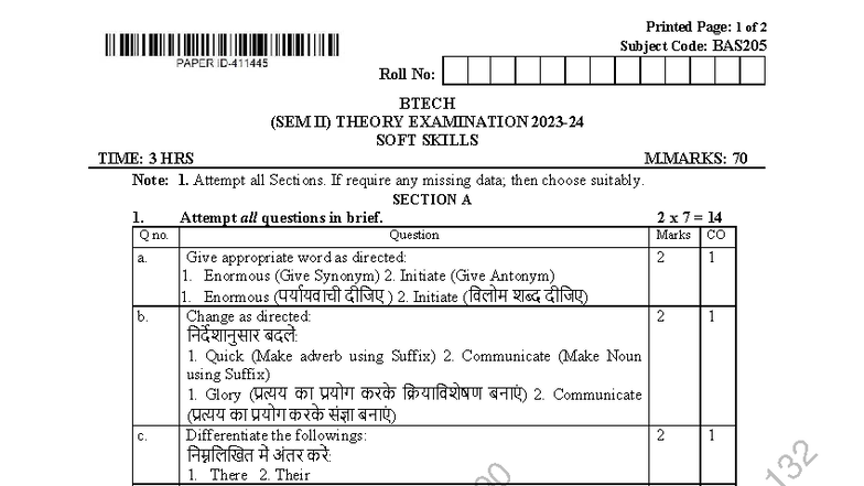 BAS205 - Soft Skills Theory Exam Question Paper - Studocu