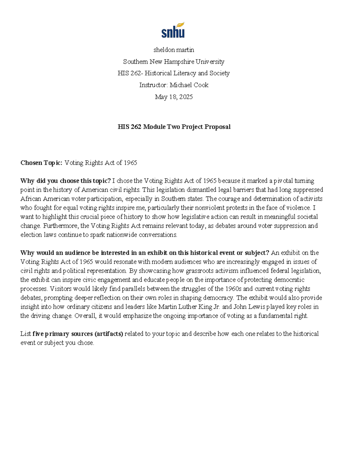 HIS 262 Module Two Project Proposal: The Voting Rights Act of 1965 ...