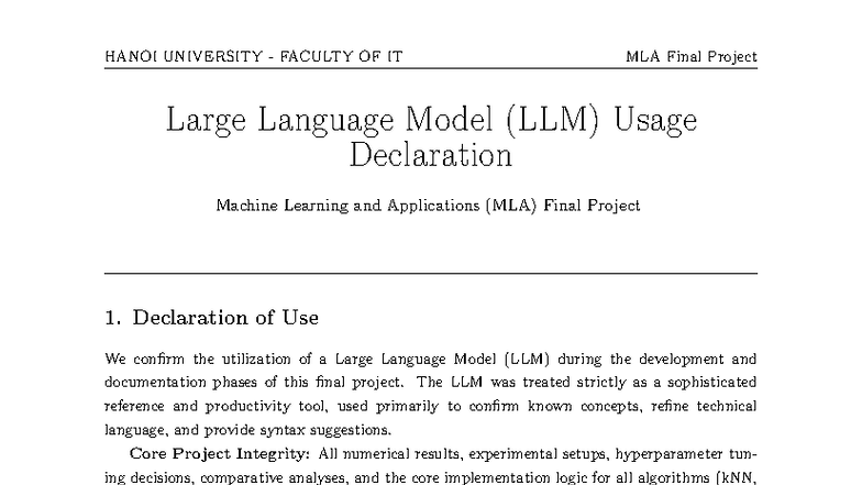 HANOI UNIVERSITY FACULTY OF IT MLA Final Project: LLM Usage Declaration ...
