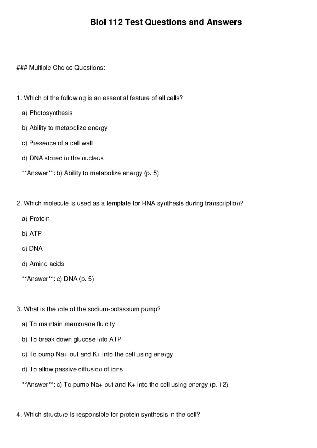 Biol 112 Test Q&A: Multiple Choice & Short Answers Guide - Studocu