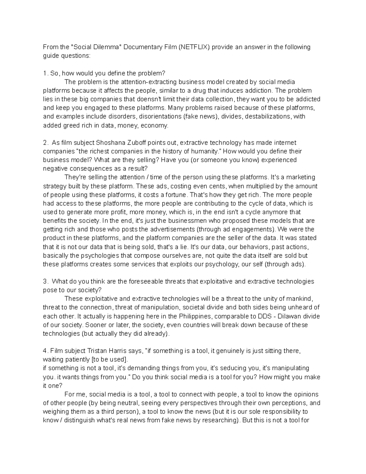 "Social Dilemma" Documentary Film Guide Question - From the "Social ...