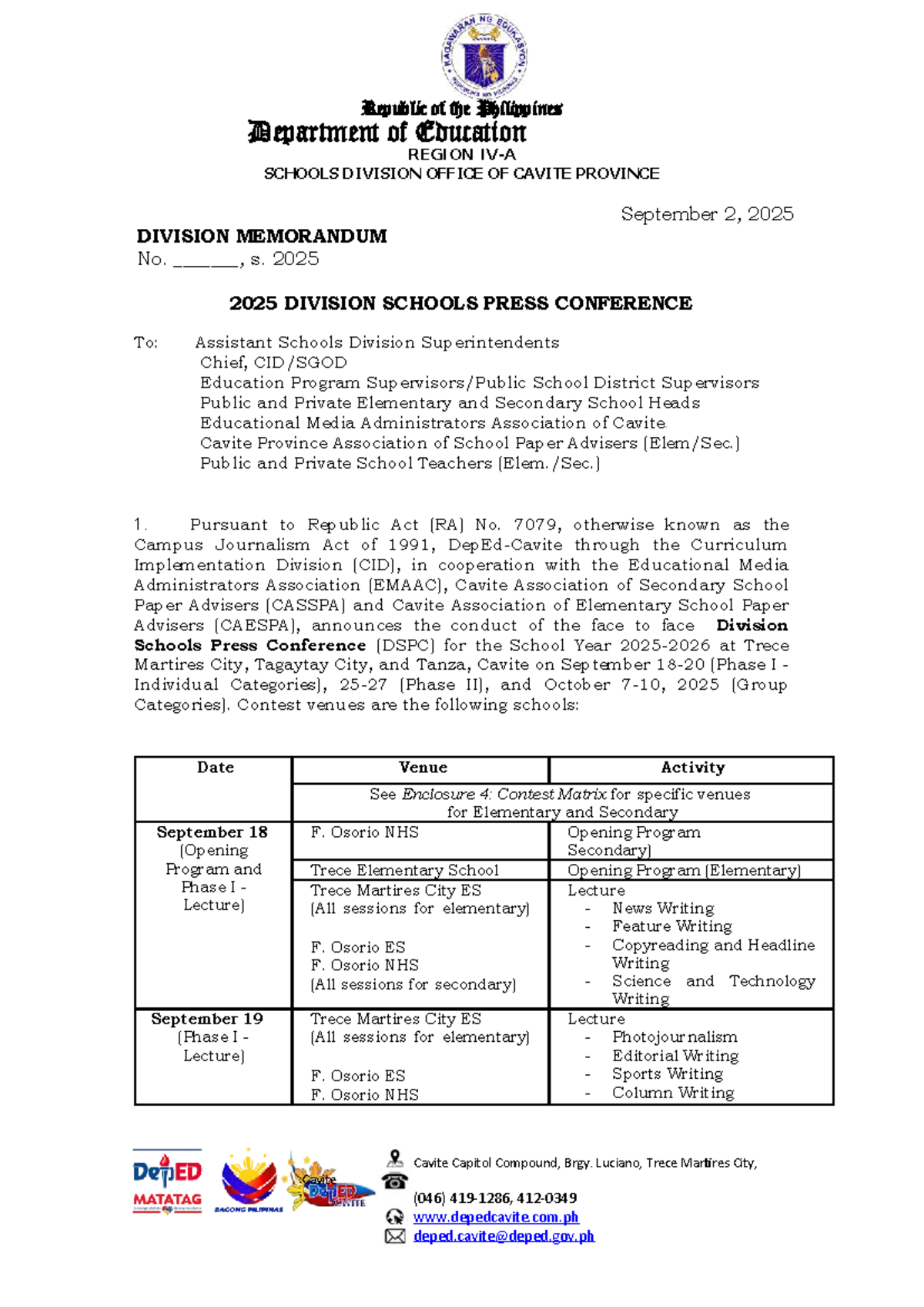 2025-DSPC-Memo: Guidelines for Division Schools Press Conference - Studocu