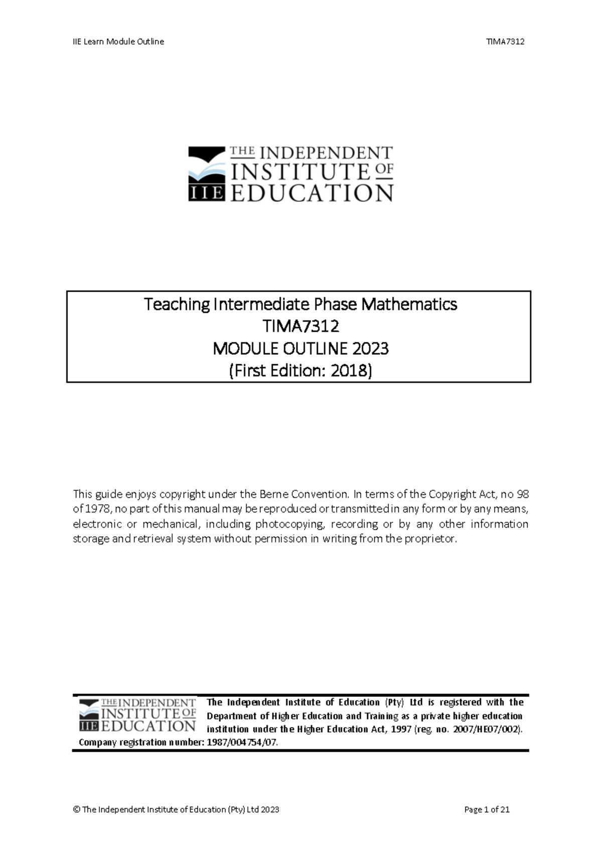 TIMA7312 MO - 2023 Module Outline for Teaching Intermediate Phase Math ...