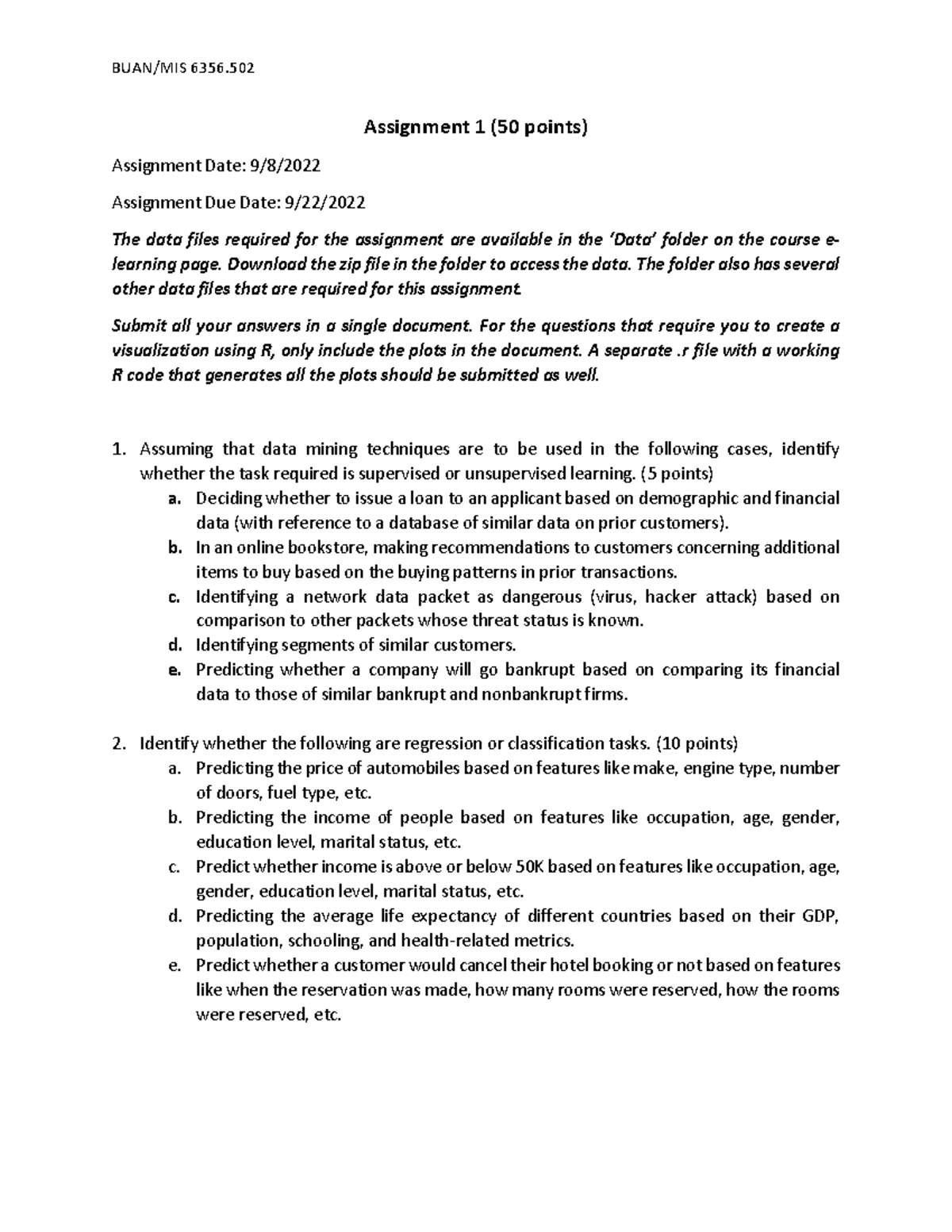 Assignment 1 - BUAN/MIS 6356. Assignment 1 (50 points) Assignment Date ...