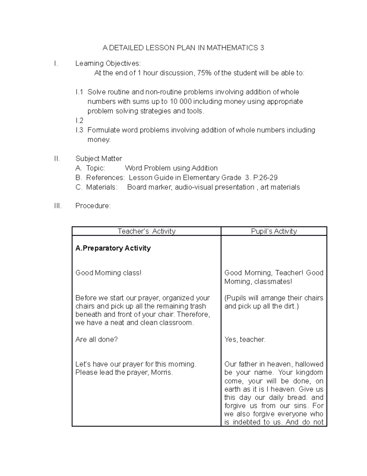Detailed Math 3 Lesson Plan: Solving Word Problems with Addition - Studocu