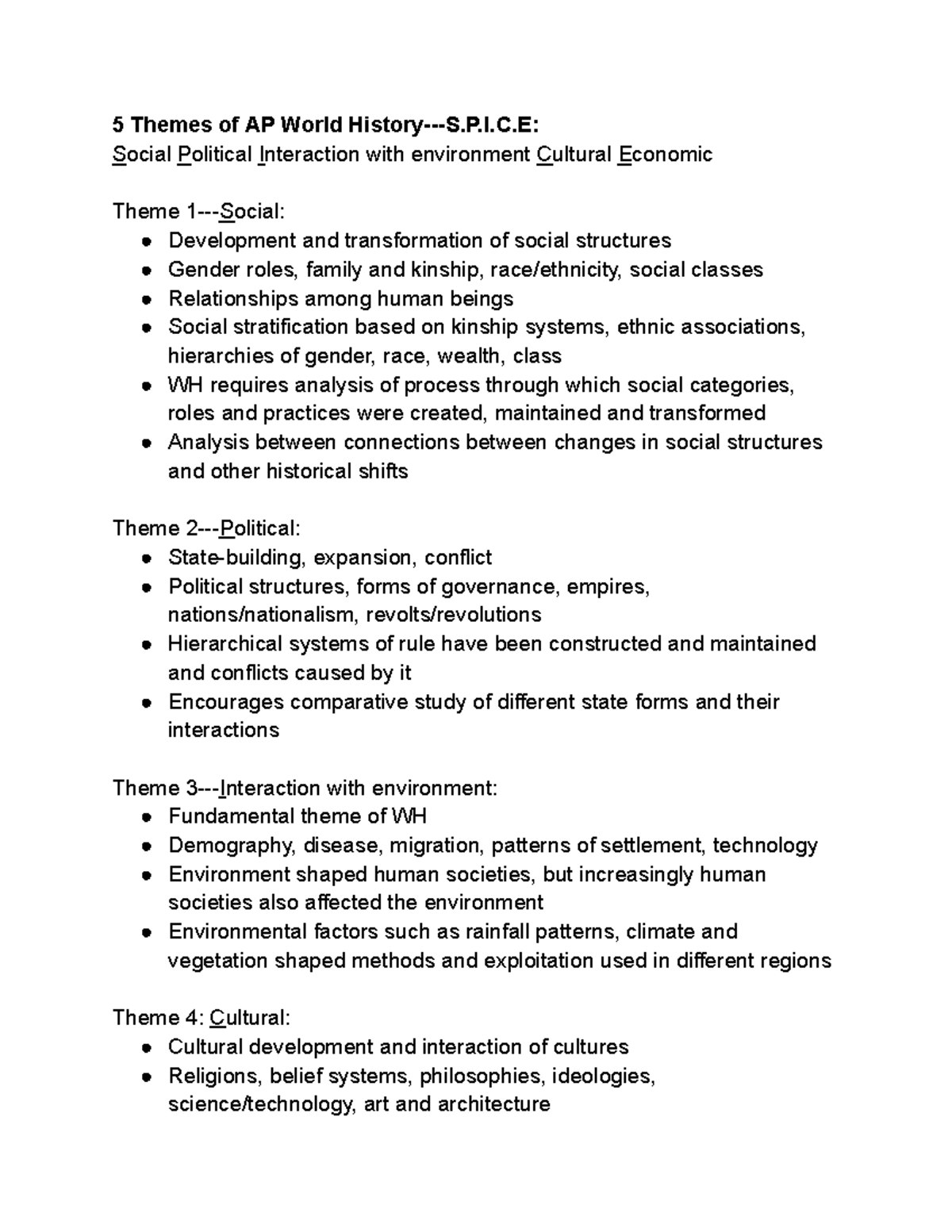 5 Themes of AP World History (S.P.I.C.E): Social, Political, Env ...