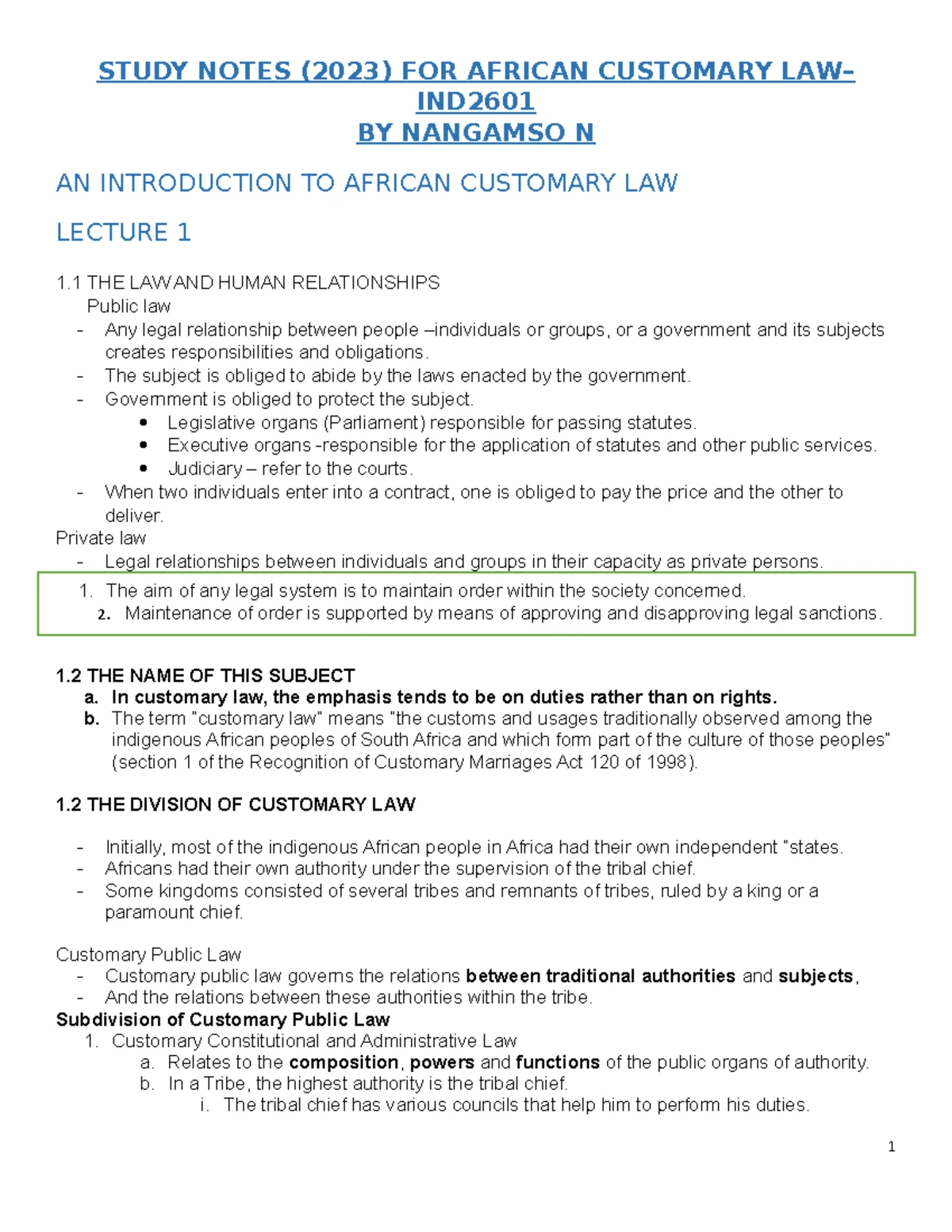 African Customary LAW Notes - STUDY NOTES (2023) FOR AFRICAN CUSTOMARY ...