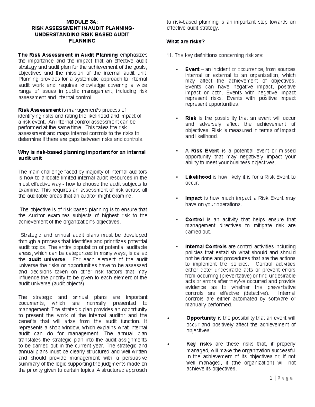 Module 3A - Risk Assessment in Audit Planning Lecture Notes - Studocu