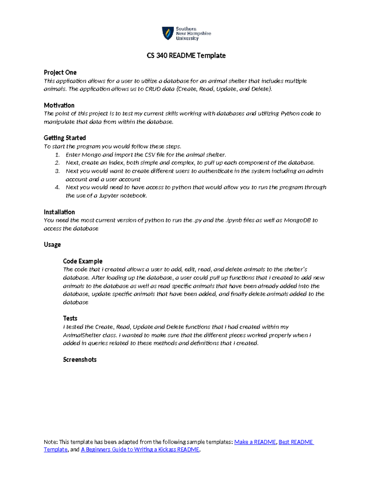 CS 340 README Template for Animal Shelter Database Project - Studocu