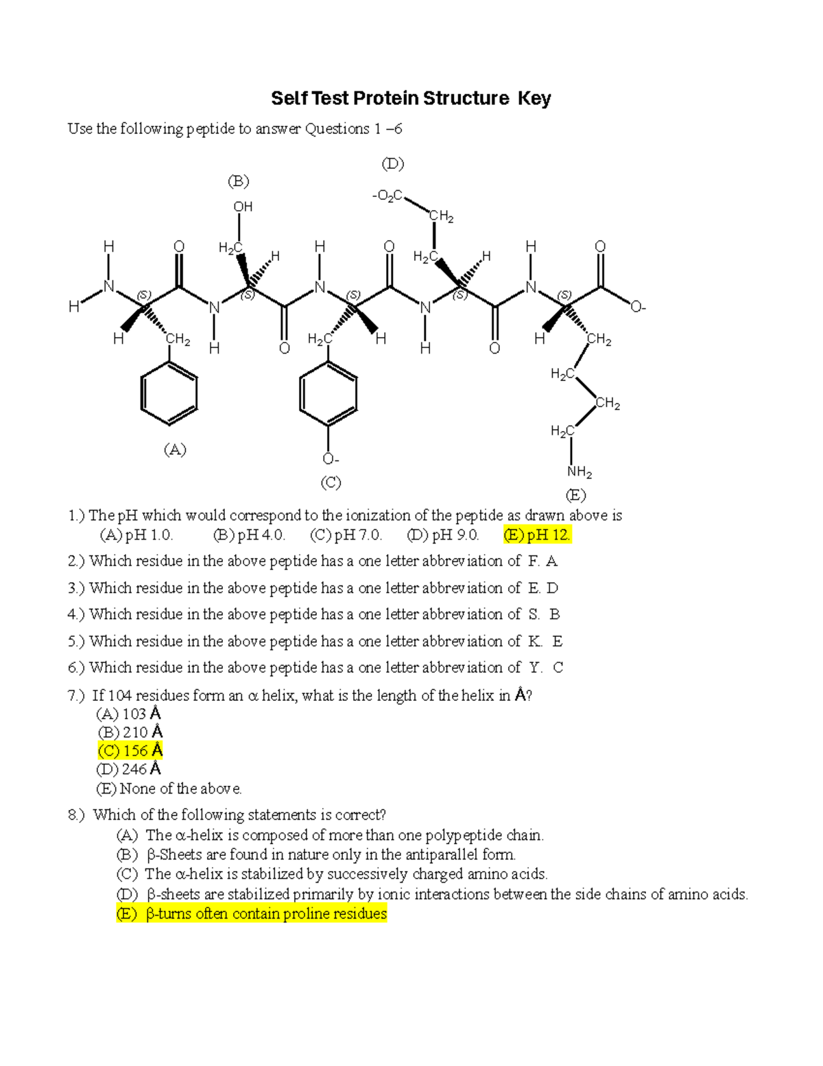 Self Test Key: Protein Structure Concepts & Stability Factors (BIO 101 ...