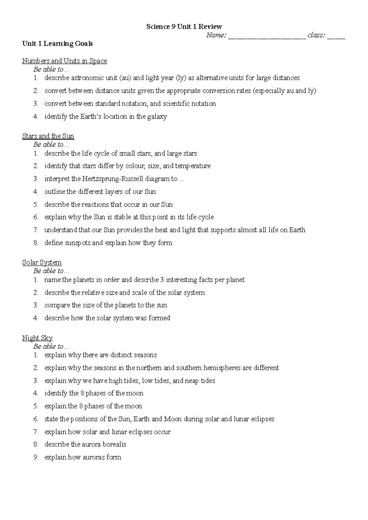 Science 9 Unit 1 Test Review: Astronomy & Solar System Concepts - Studocu