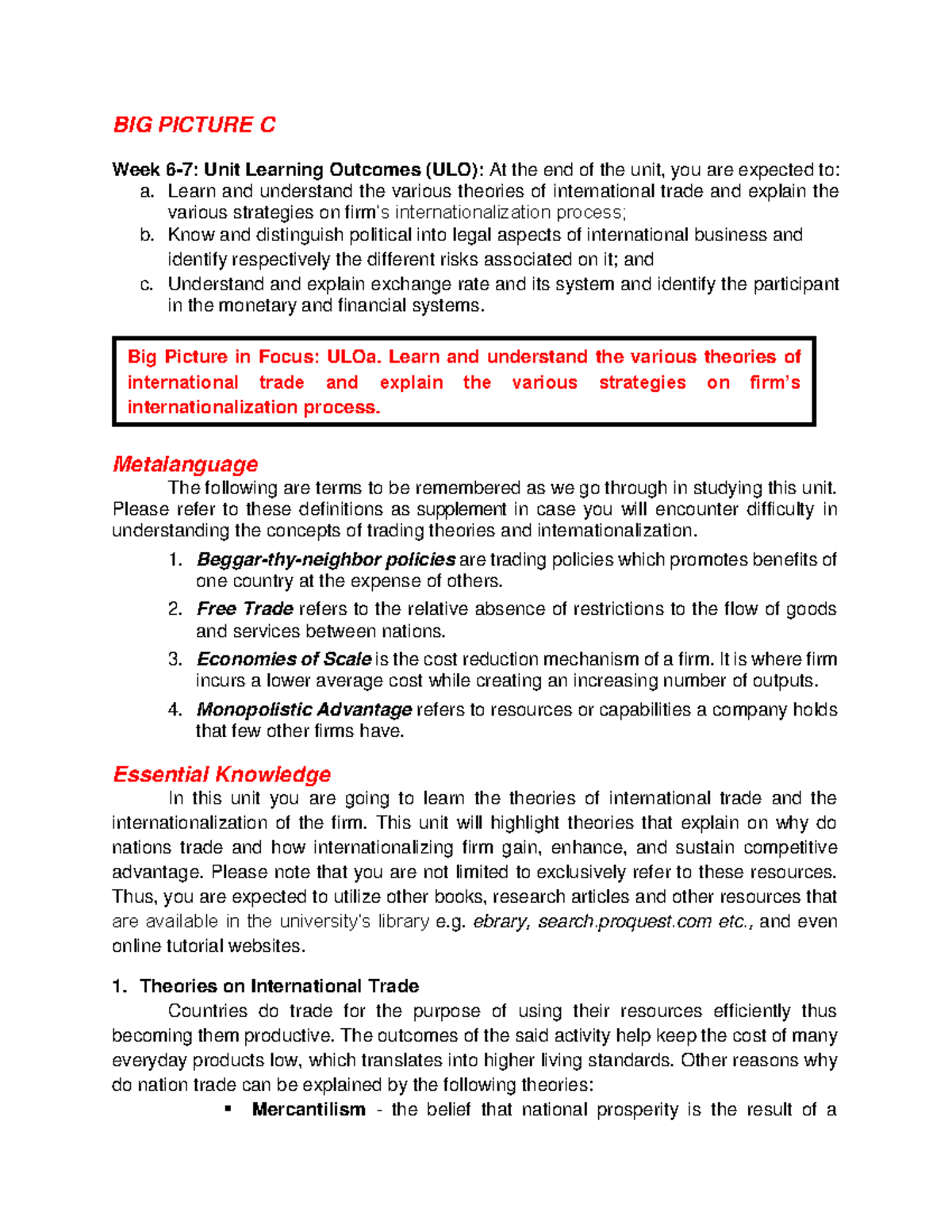International Trade Theories and Strategies: ULO BIG Picture C - Studocu
