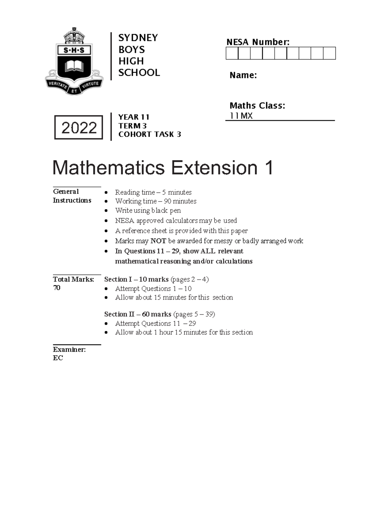 ME1 T3 Math Extension 1 Cohort Task 3 Assessment 2022 - Studocu