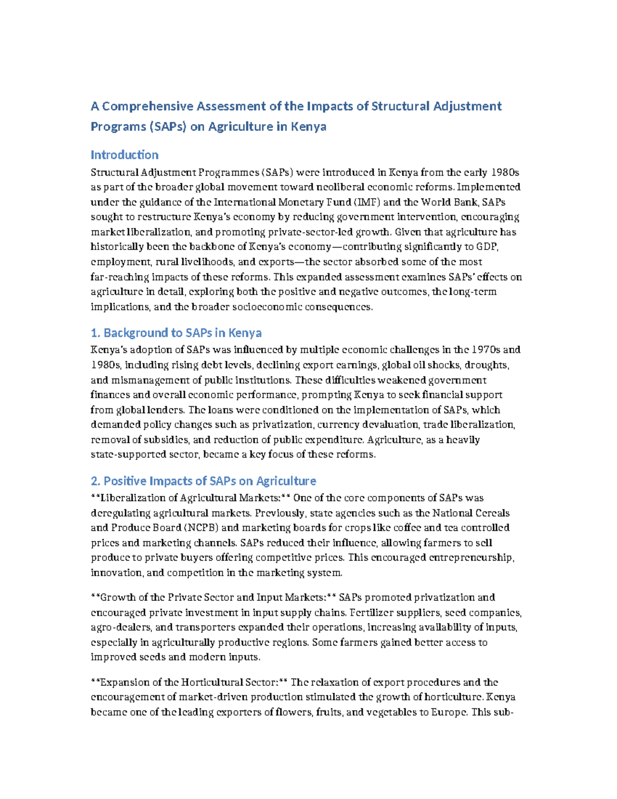 Expanded Assessment of SAPs' Impact on Agriculture in Kenya - Studocu
