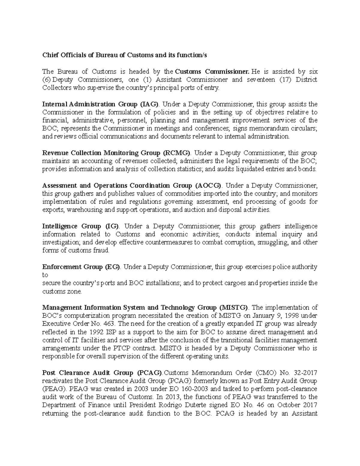 Chief Officials of the Bureau of Customs: Roles and Functions - Studocu