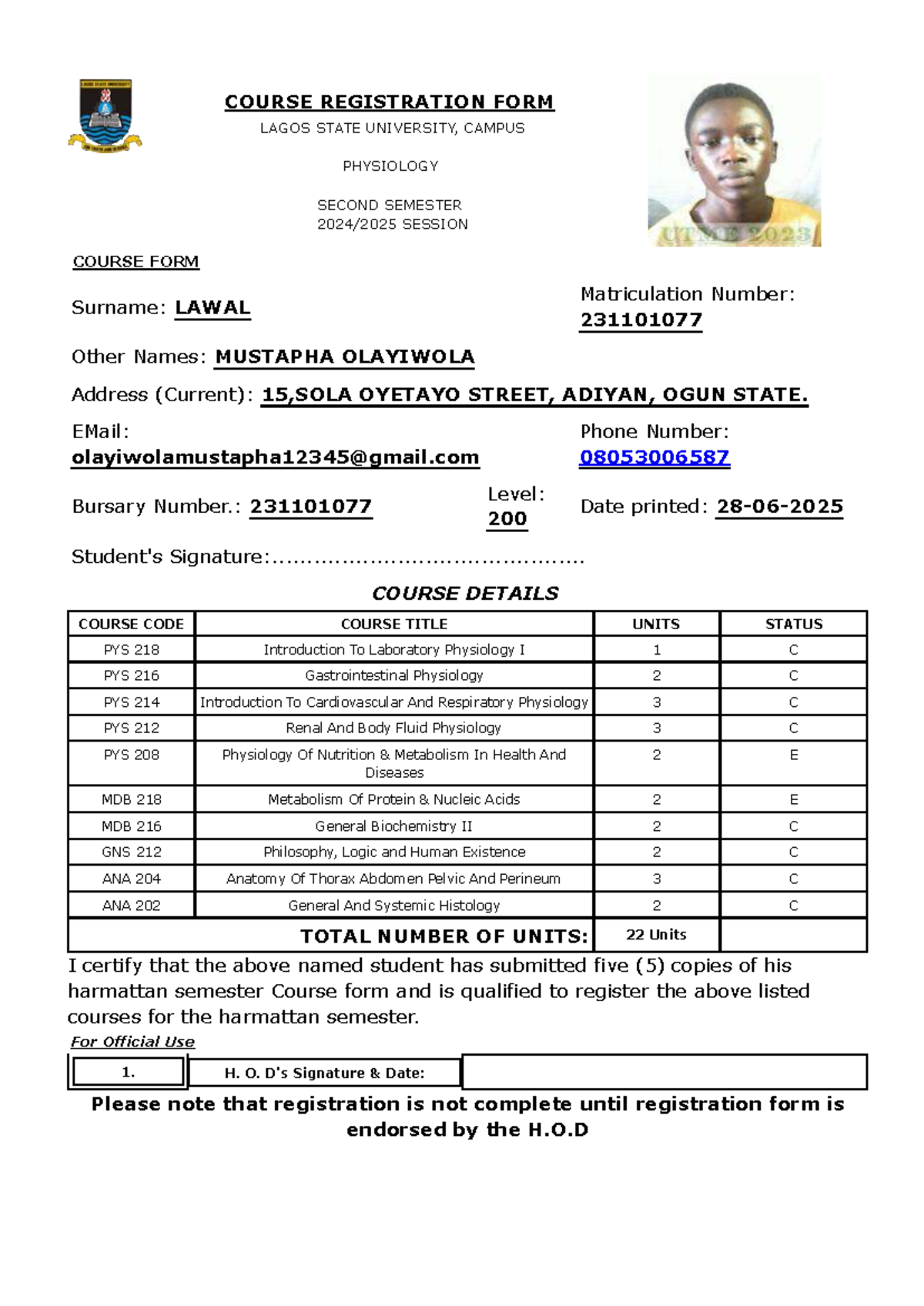 PYS 218 Course Registration Form - Lagos State University - Studocu