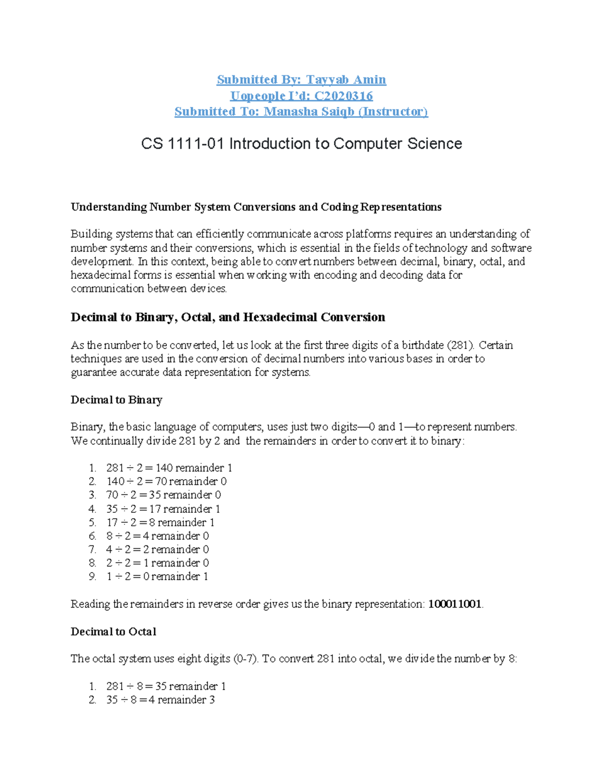 CS Assignment Activity: Understanding Number System Conversions - Studocu