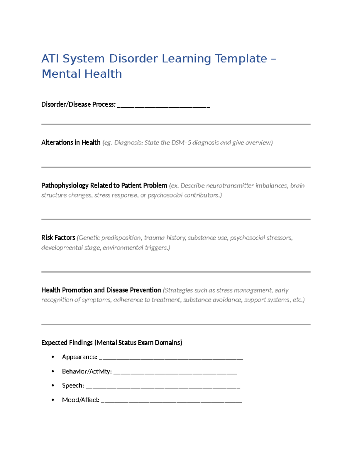 ATI System Disorder Learning Template: Schizophrenia Overview - Studocu