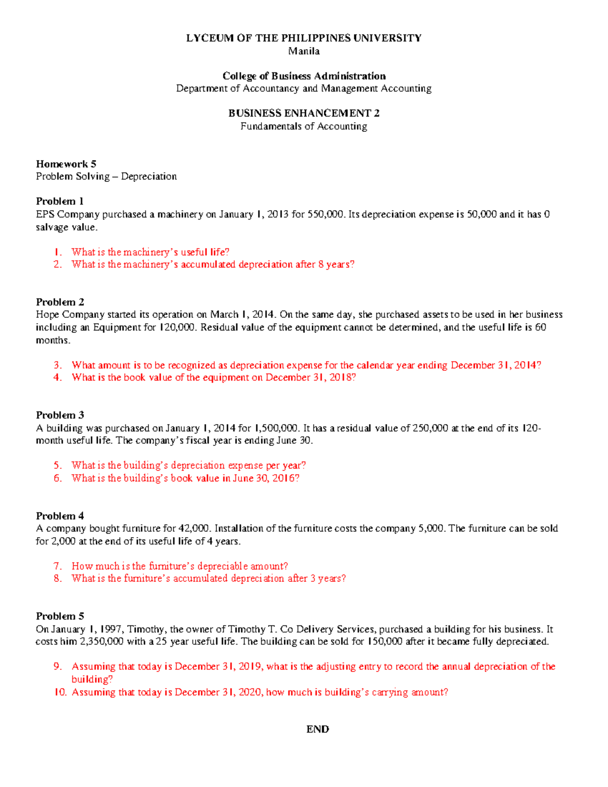Homework 5 - Problem Solving (Depreciation) - Accounting Fundamentals ...