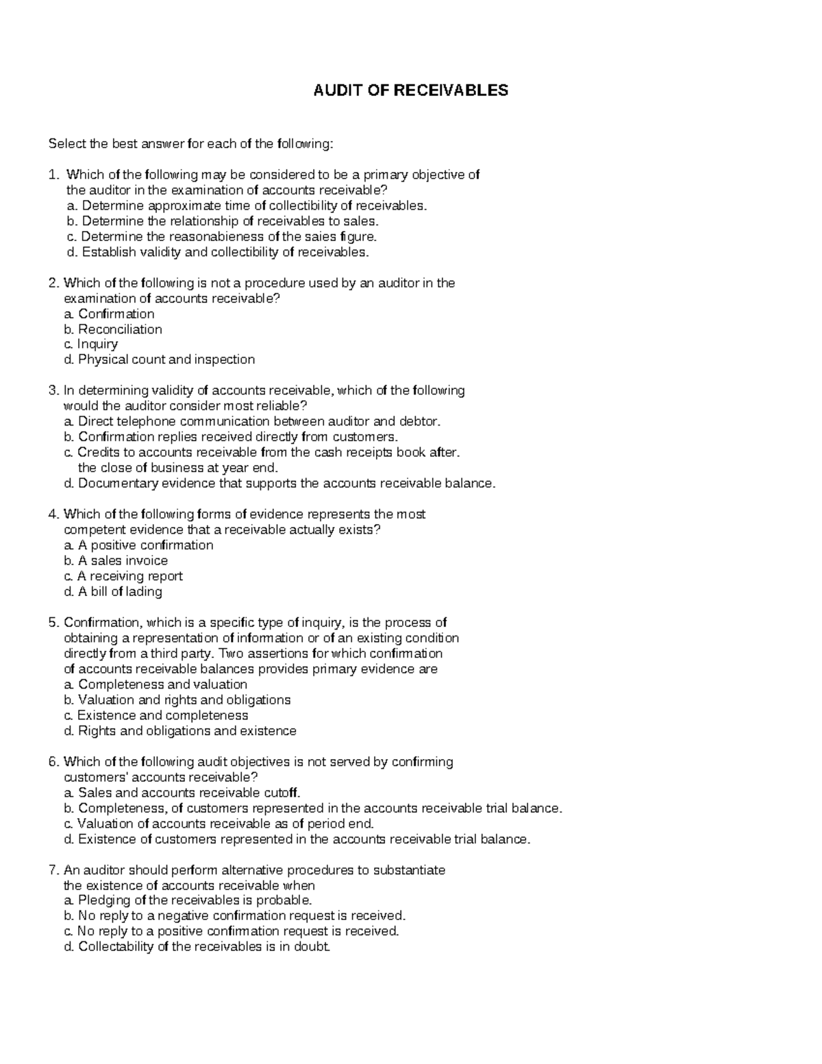 AUDIT OF RECEIVABLES: TEST BANK FOR ACC 101 - Studocu