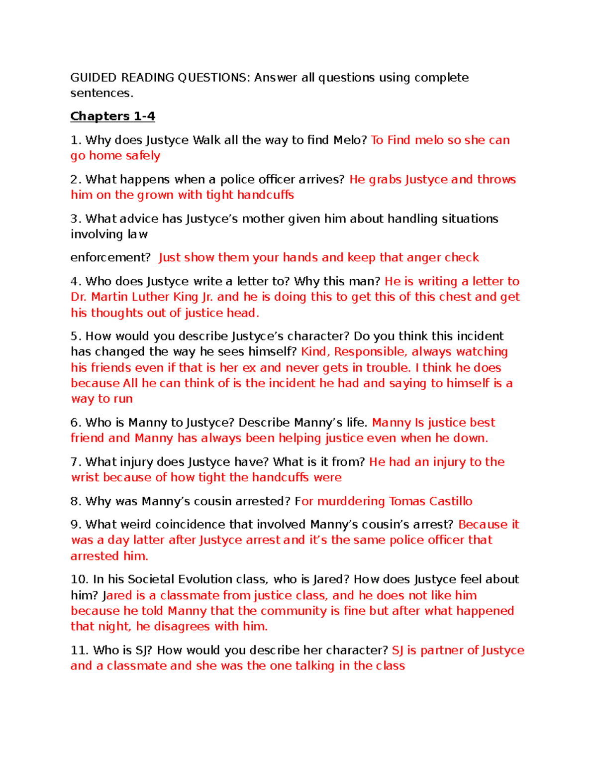 Dear Martin - GRQ Ch 1-4: Answers to Guided Reading Questions - Studocu