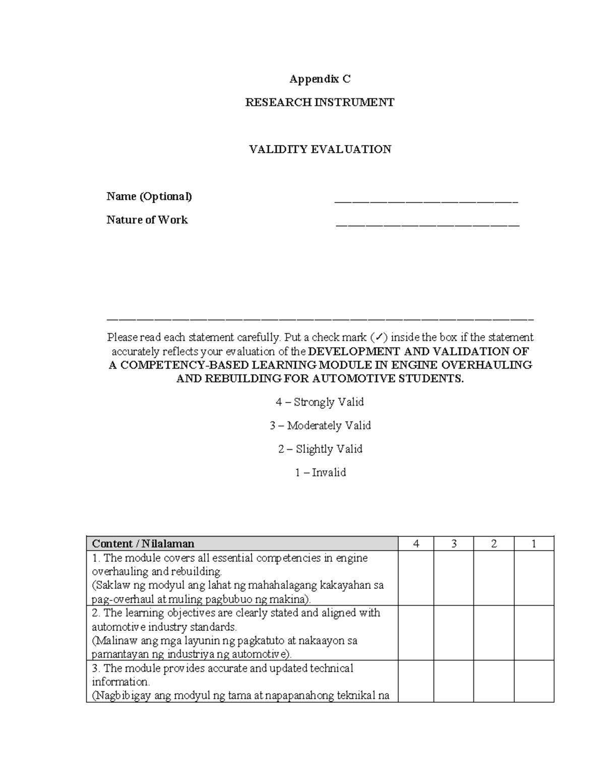 Validity Evaluation Questionnaire for Competency-Based Learning Module ...