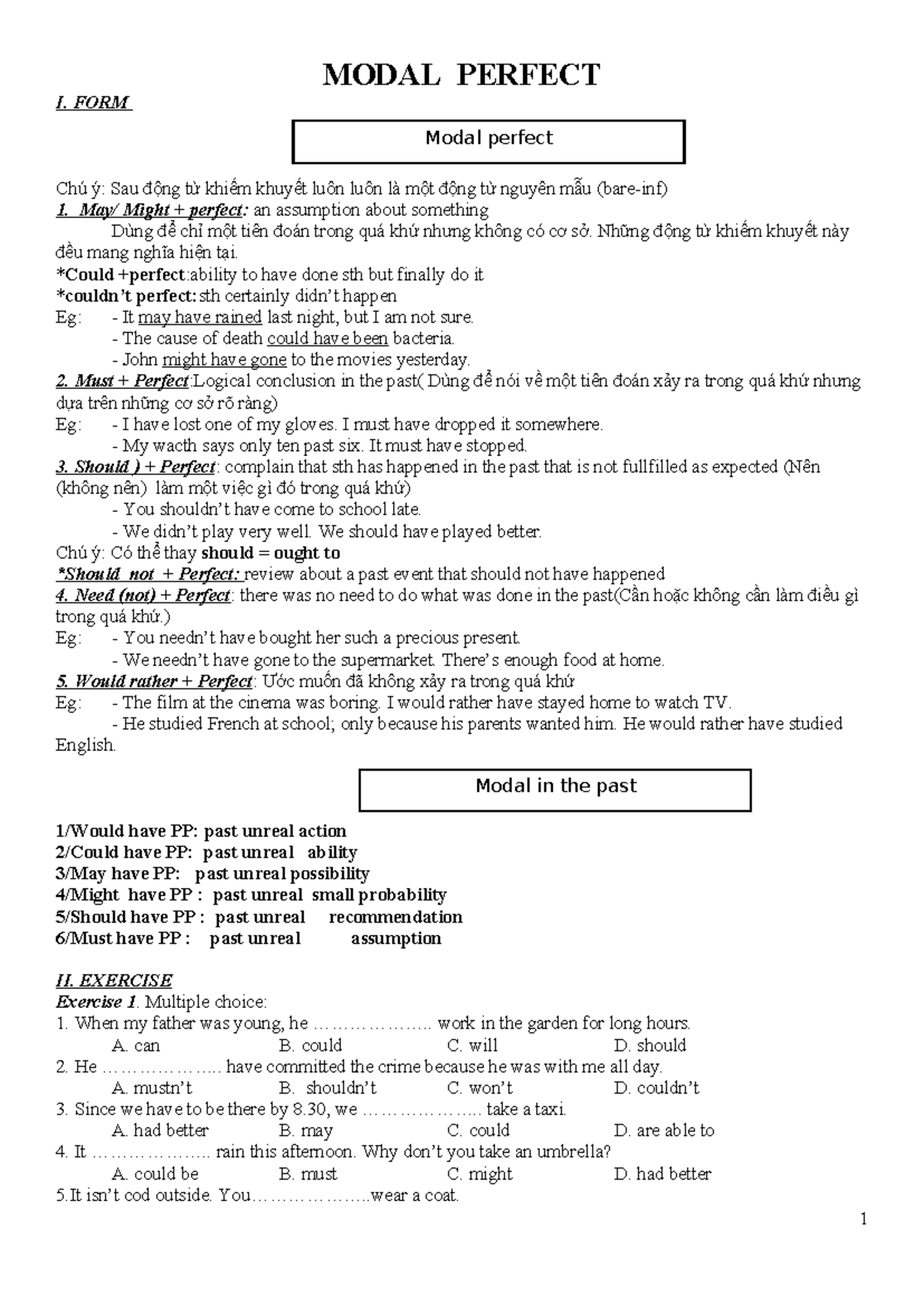 Modal Verbs and Modal Perfect: Understanding Usage and Exercises - Studocu