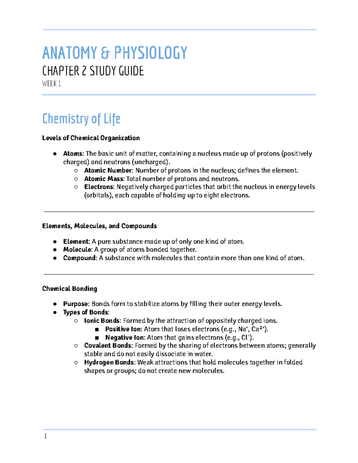ANATOMY & PHYSIOLOGY: CH 2 Study Guide on Chemistry of Life - Studocu